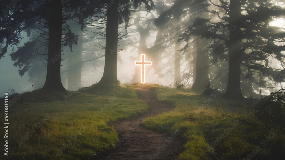 Pathway to the Cross in the Misty Forest: A Winding Path Through ...