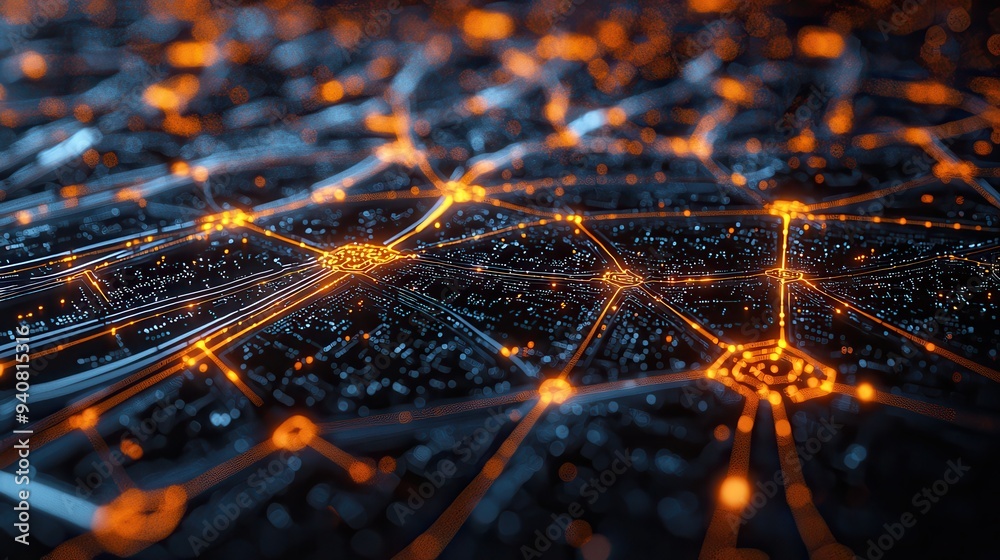 A Detailed Close Up Of A Machine Learning Algorithm Visualized As A Web Of Interconnected Nodes