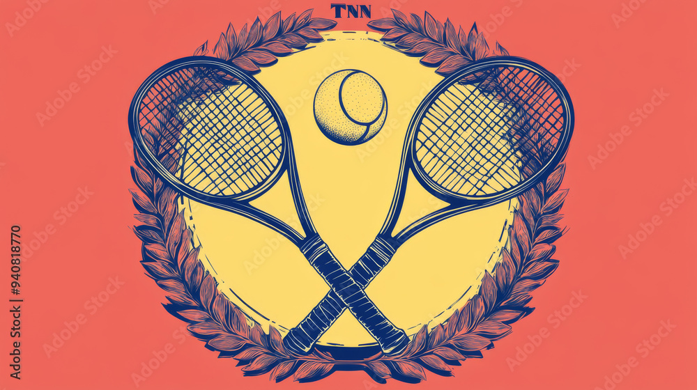 Tennis emblem featuring crossed tennis racquets and a ball, encircled ...