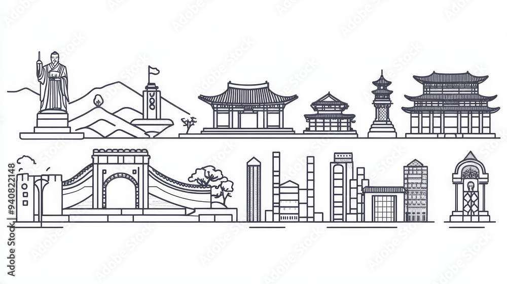 Vector linear icons of Korean travel landmarks in Seoul. These include ...
