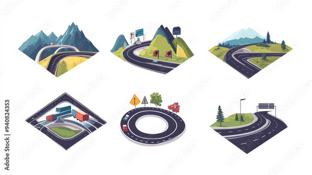 Transportation emblems and travel symbols featuring a crossroad ...