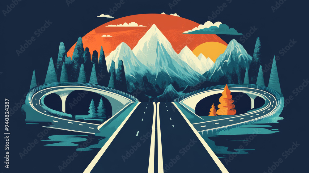 Transportation emblems and travel symbols featuring a crossroad ...