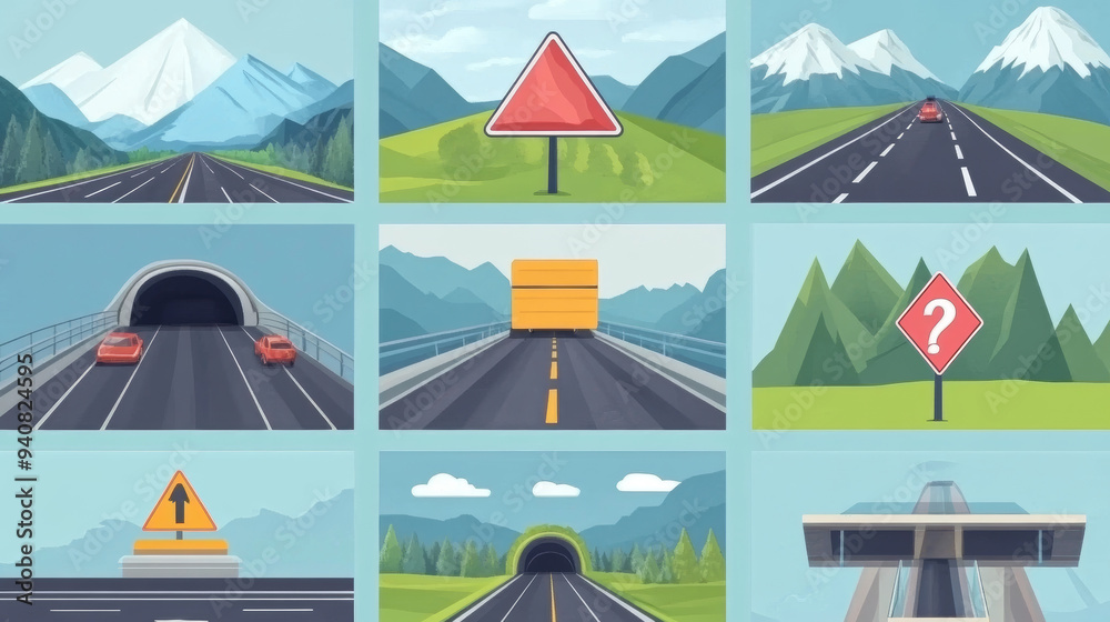 Transportation emblems and travel symbols featuring a crossroad ...