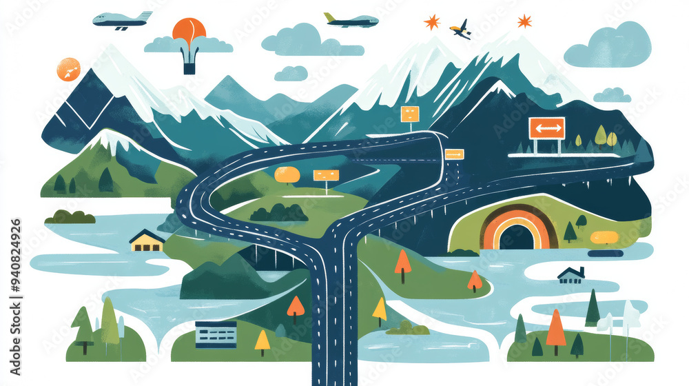 Transportation emblems and travel symbols featuring a crossroad ...