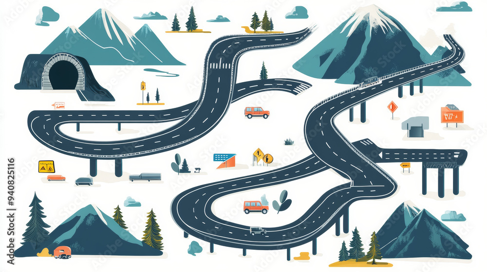 Transportation emblems and travel symbols featuring a crossroad ...