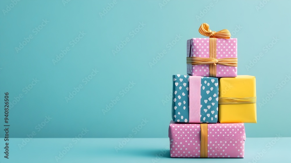 A stack of colorfully wrapped birthday presents with ribbons and bows ...