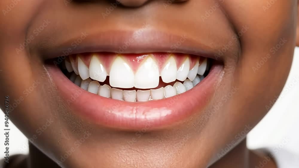 portrait little African American boy with perfect kids smile close up ...