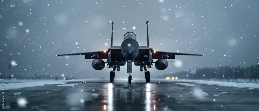 Military jet fighter poised for takeoff on a slick runway, evening ...