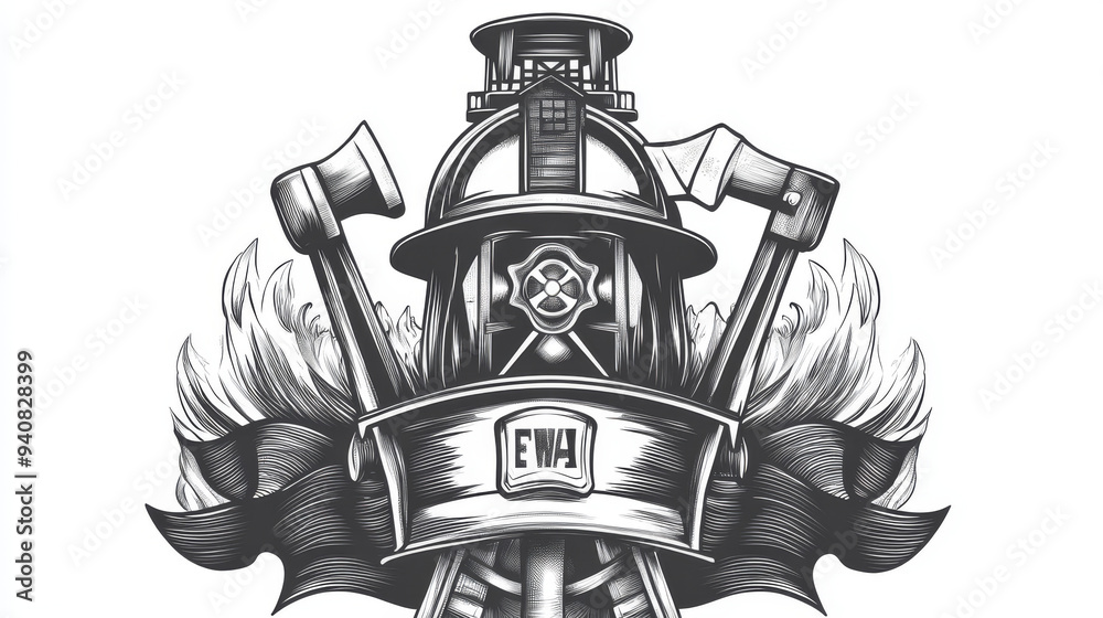 T-shirt print featuring a firefighter's helmet, axe, ladder, and water ...