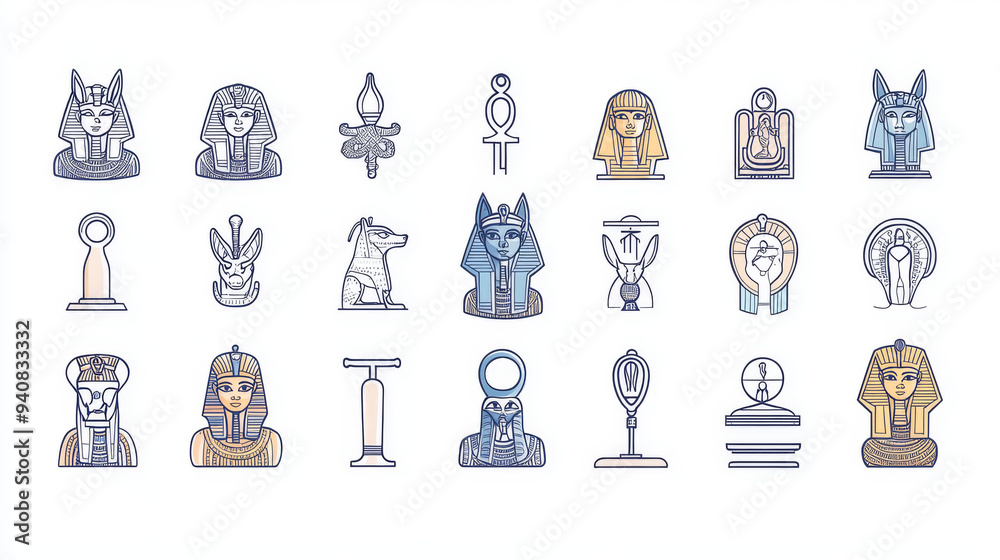 Vector set of thin line icons depicting ancient Egyptian gods and ...