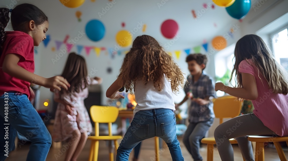 Lively Musical Chairs Game at a Birthday Party with a Group of Happy ...