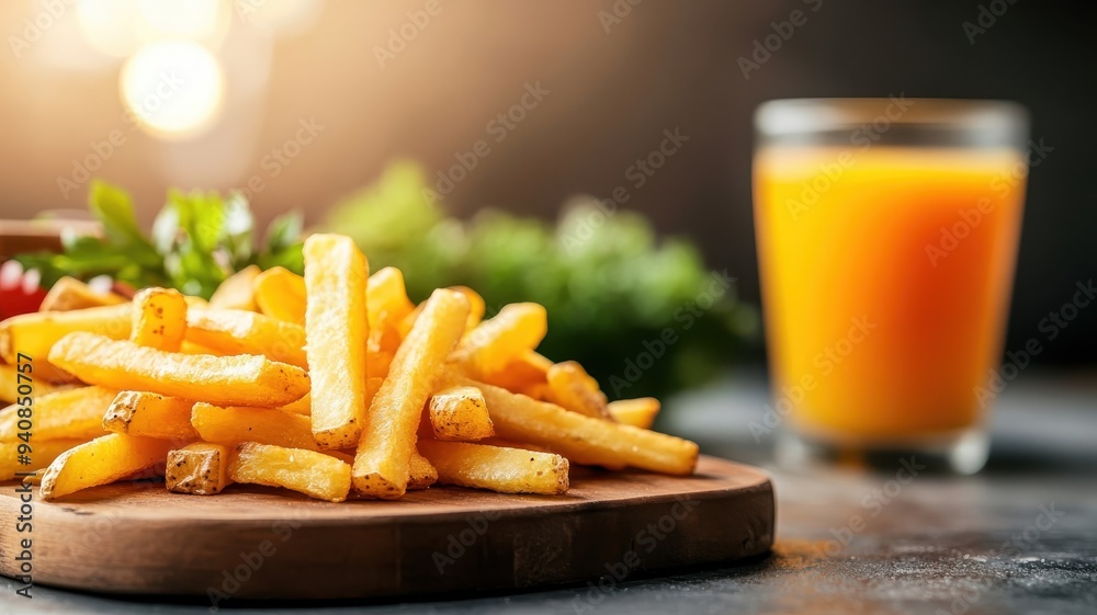 Poutine paired with a glass of refreshing fruit juice, highlighting the ...