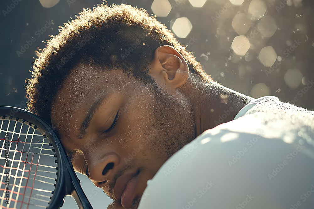Exhausted African American Tennis Player Resting on Racket Frame After ...