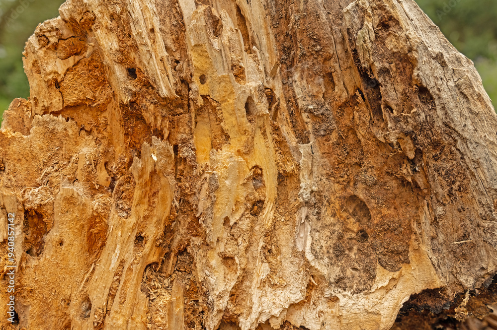 Tree trunk eaten by insects. Natural old tree texture. Wood surface ...