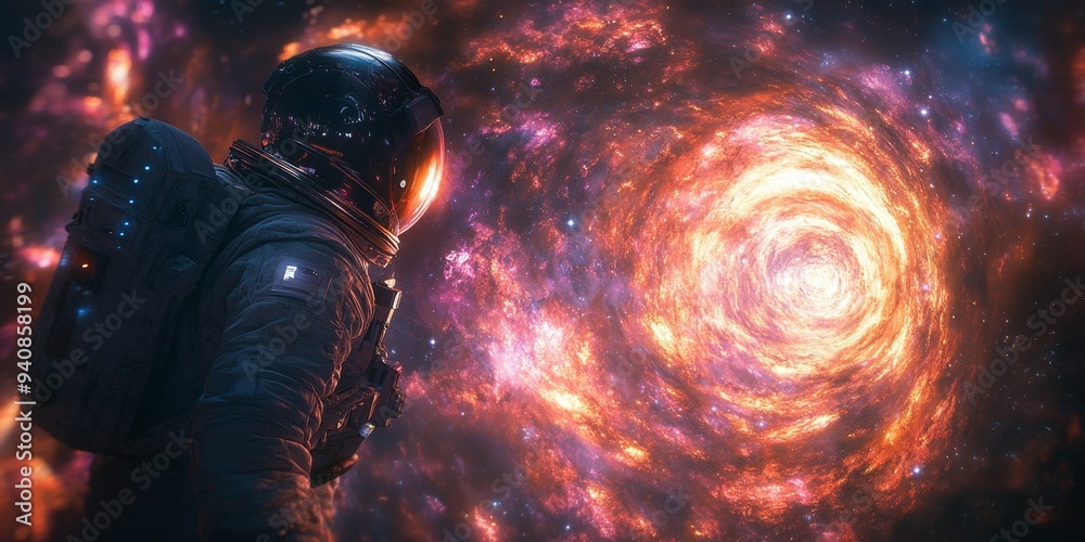 Astronaut Exploring Vast Galaxy: Futuristic Spaceship Interior with ...