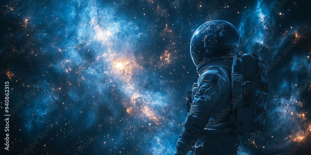 Astronaut Exploring Vast Galaxy: Futuristic Spaceship Interior with ...