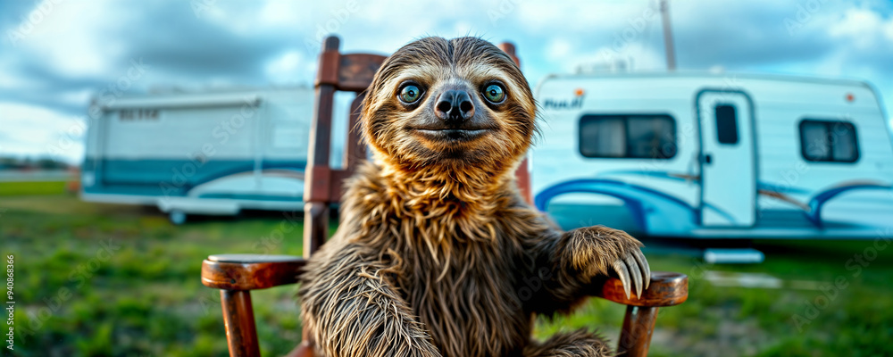 Funny animal portrait of a Sloth sitting in a wooden rocking chair ...