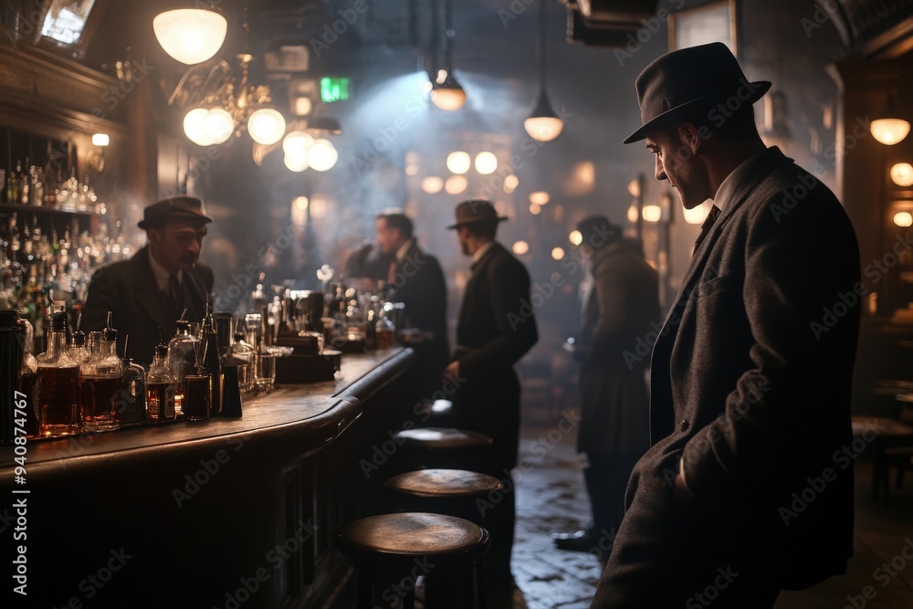 A vintage bar scene with well-dressed patrons enjoying drinks and ...