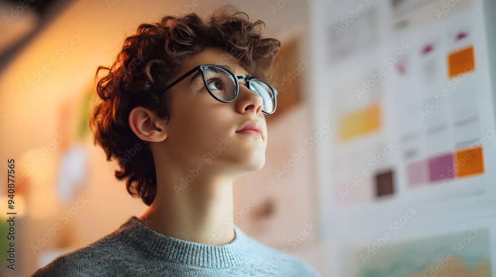 A teenager looking at a financial literacy poster with visual aids on a ...