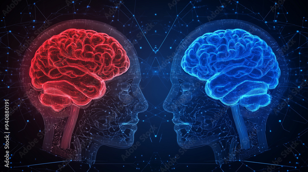 Two brains facing each other, one brain is red and the second blue with glowing neural ...