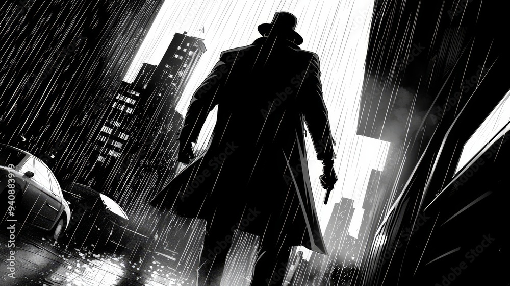 Classic comic book detective delivering a punch in a shadowy alley ...