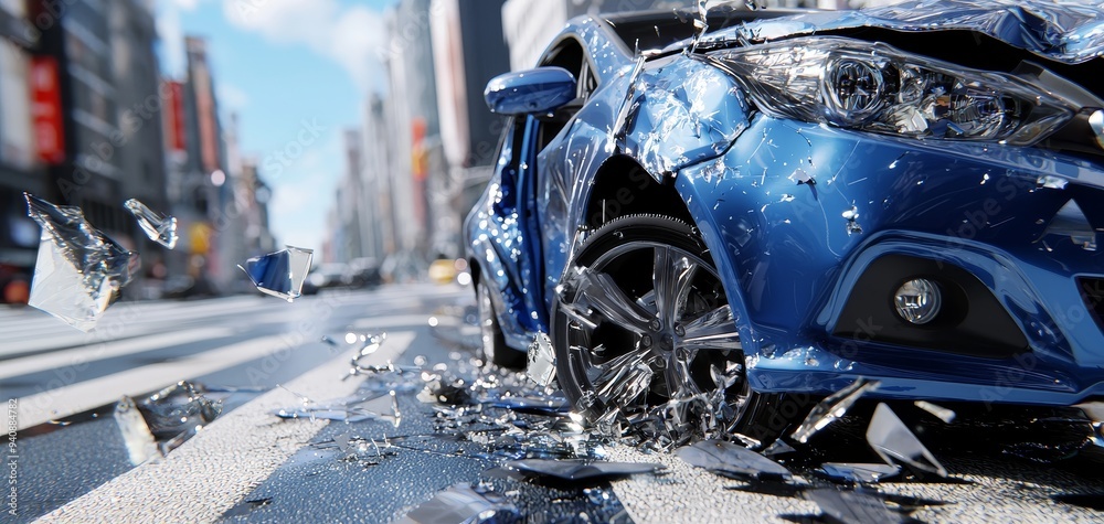 Devastated blue car with severe damage, shattered glass, and debris ...