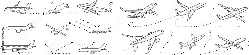 Set of plane routes. Plane paths. Routes with dashes. Aircraft tracking ...