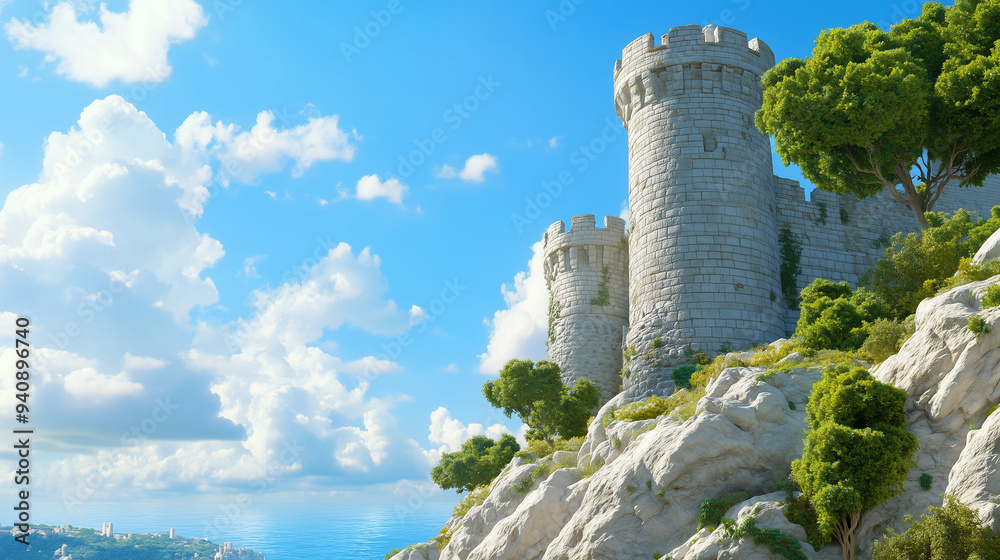 Stone Tower on Clifftop: A majestic medieval castle tower stands tall ...