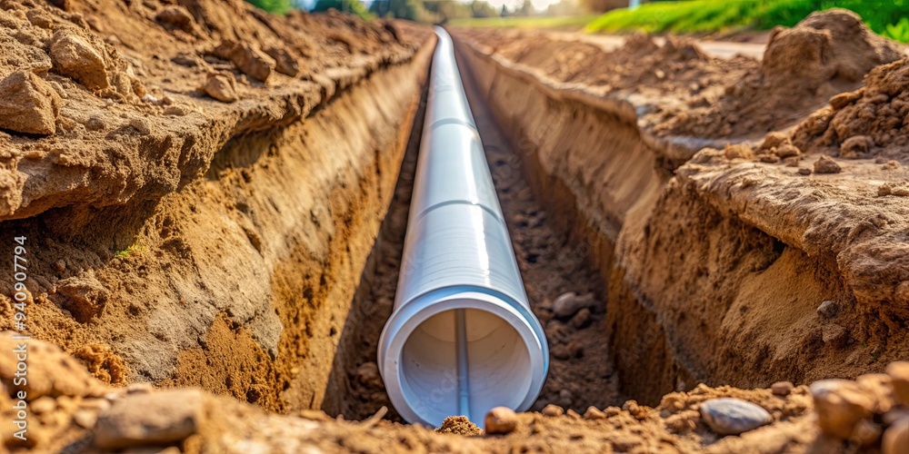 PVC pipe in trench ready to be connected to home well water system, PVC ...