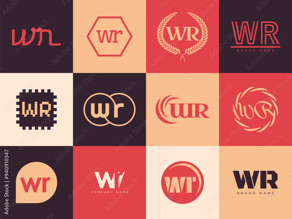 WR logo company template. Letter w and r logotype. Set different ...