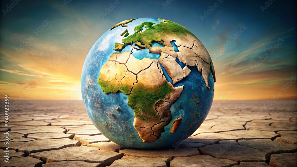Cracked and deflated planet Earth symbolizing the fragility of the ...