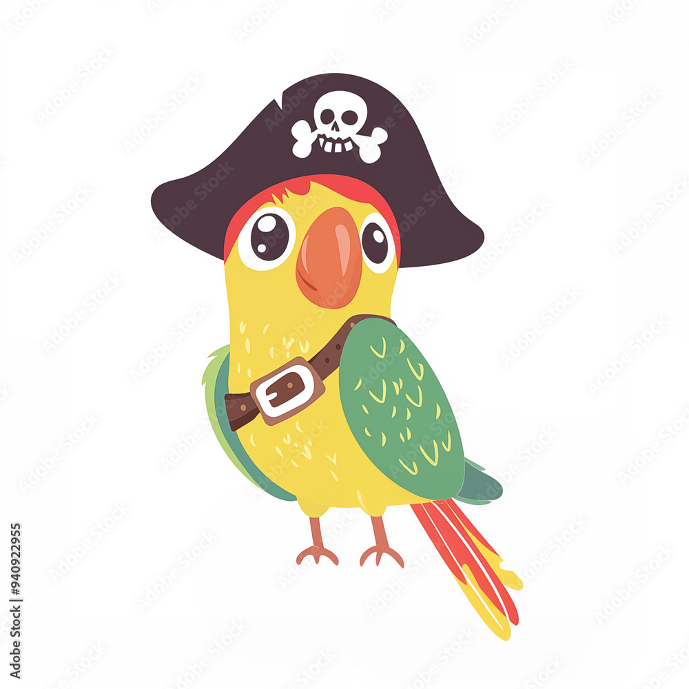 Cute flat pirate bird parrot in pirate hat cartoon illustration ...
