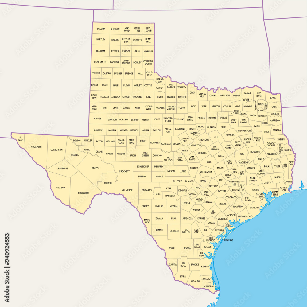 Texas, U.S. state, political map with borders and county names. State ...