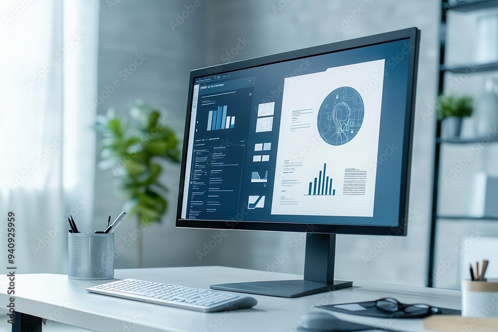 A modern workspace featuring a sleek monitor displaying colorful data visualizations and ...