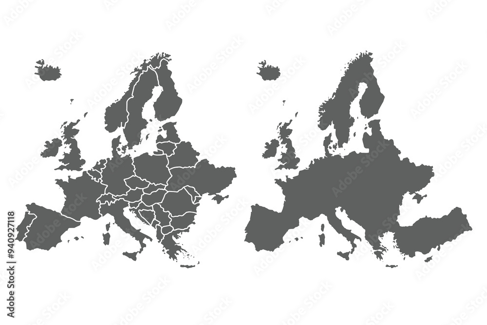 Stylized grey Europe map with clear outlines and a simple, refined ...