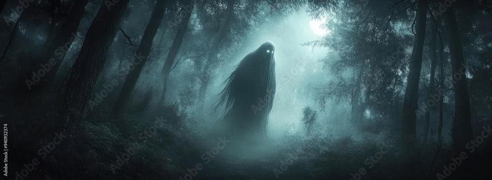Eerie fog envelops a mysterious figure in a dark forest, creating a ...