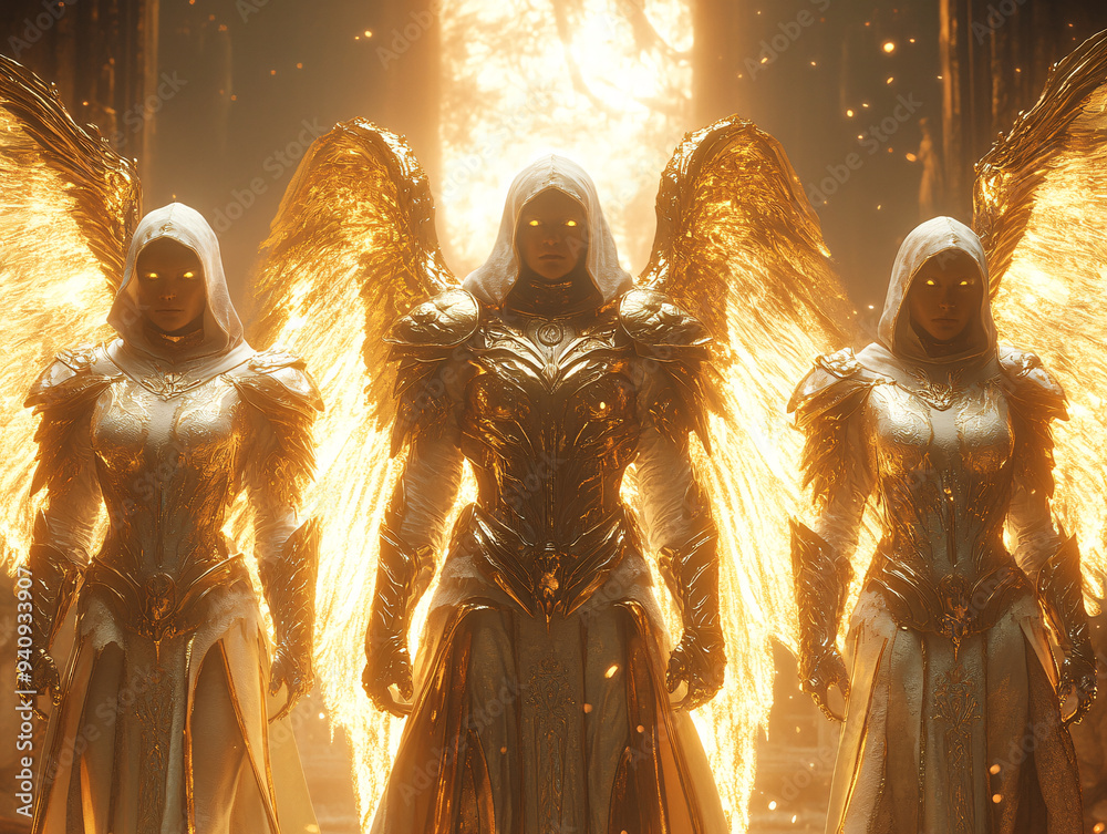 Angel soldier in golden armor, each with a halo around their head ...