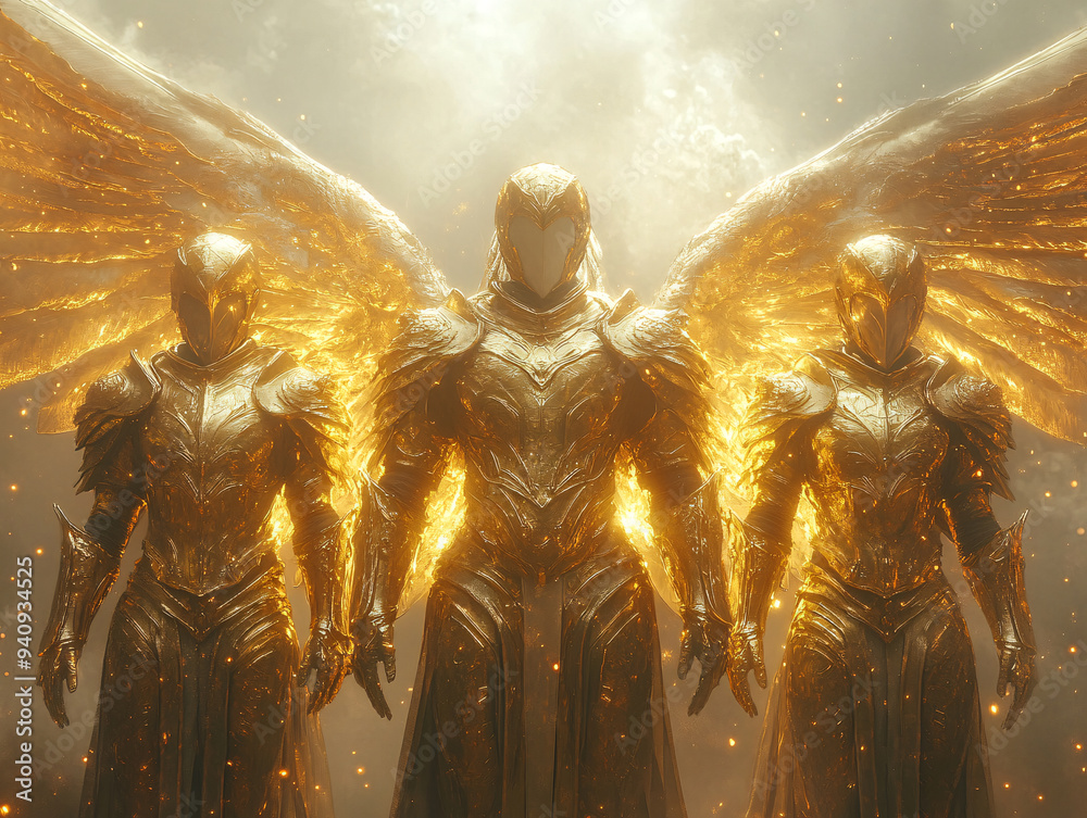 Angel soldier in golden armor, each with a halo around their head ...
