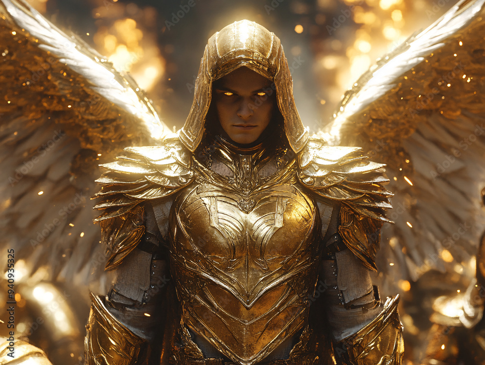 Angel soldier in golden armor, each with a halo around their head ...