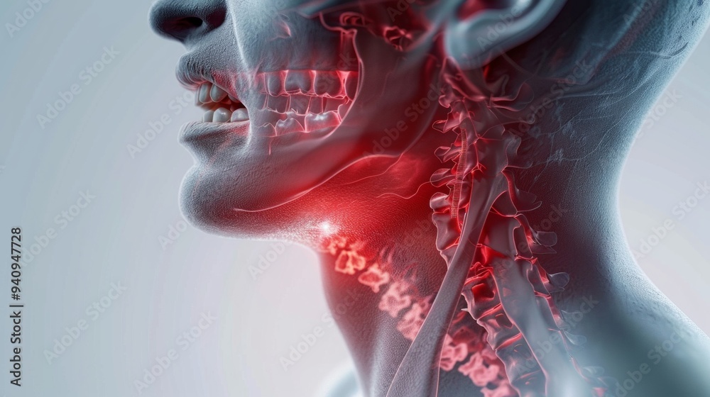 3D medical illustration depicts human head and neck anatomy with ...