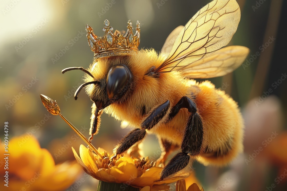 Queen Bee: A bee in royal attire with a crown and scepter, standing on ...