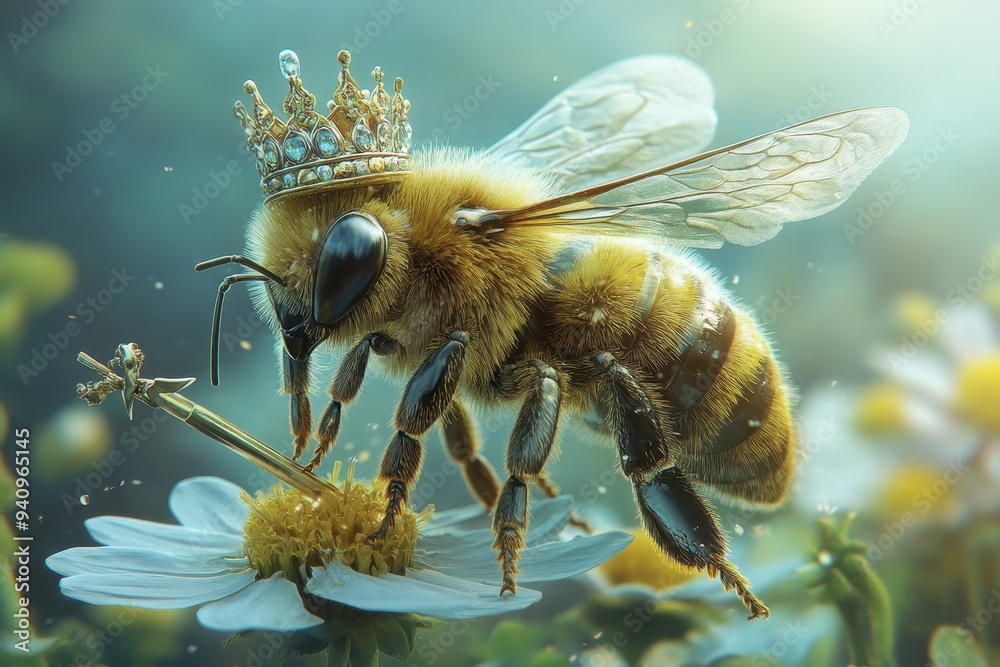 Queen Bee: A bee in royal attire with a crown and scepter, standing on ...