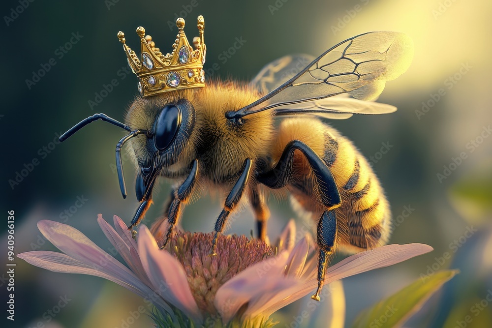 Queen Bee: A bee in royal attire with a crown and scepter, standing on ...