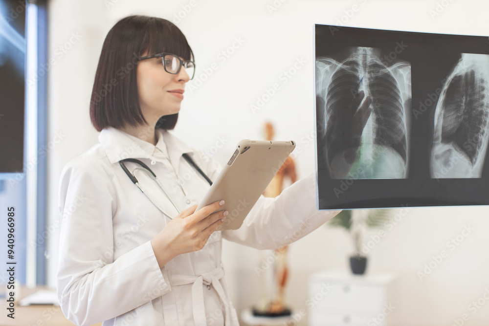 Female doctor studies x-rays of patient on glass board. Medical ...