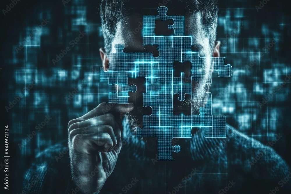 Conceptual portrait of a woman with her face deconstructed into puzzle ...