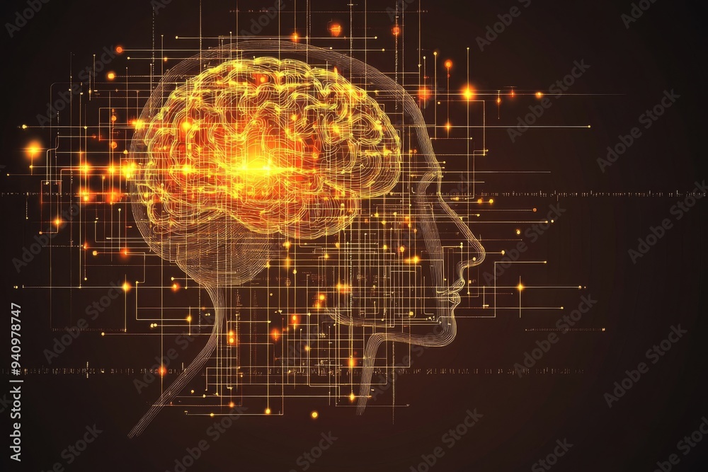 High tech digital rendering of human head with illuminated brain ...