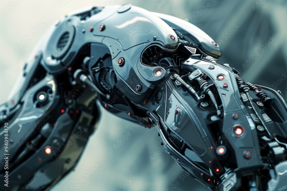 A mechanical arm featuring a gun attachment, illustrating the fusion of ...