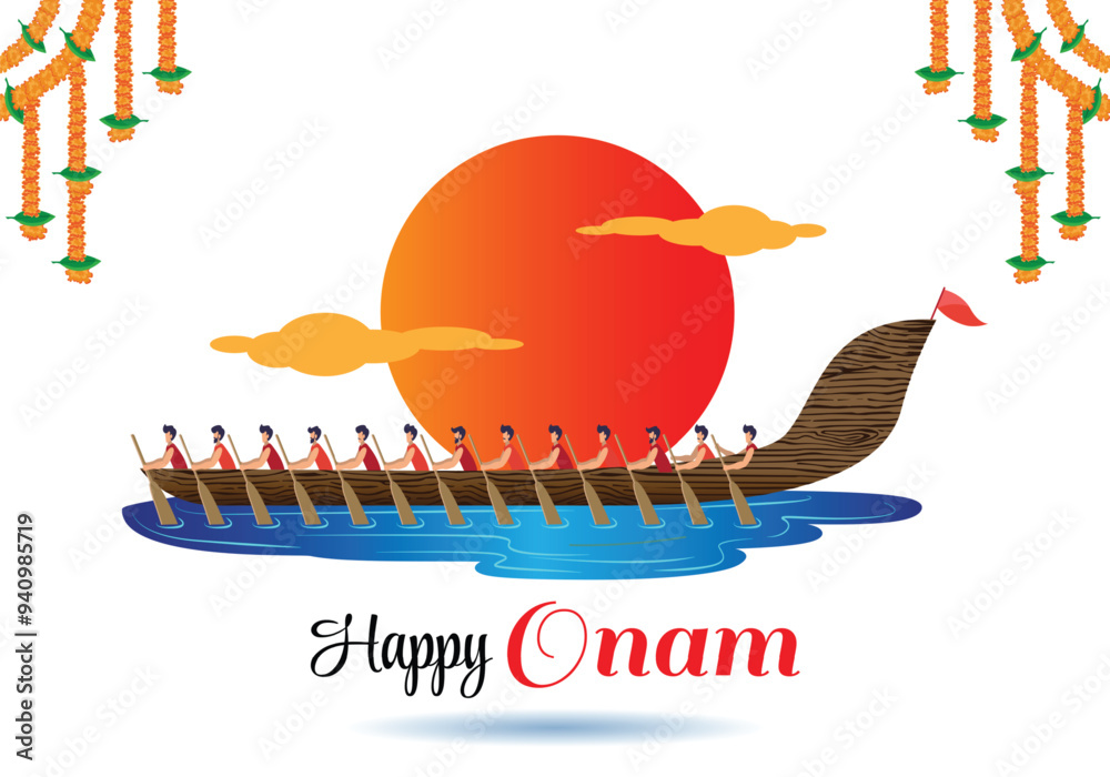 Onam Festival Poster with Traditional Boat Race and Sunset Background ...