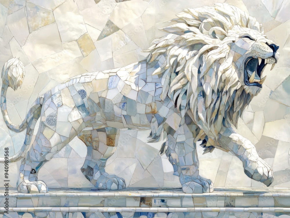 Ethereal Roar: Shattered Porcelain Mosaic Lion with Cultural Symbols in ...