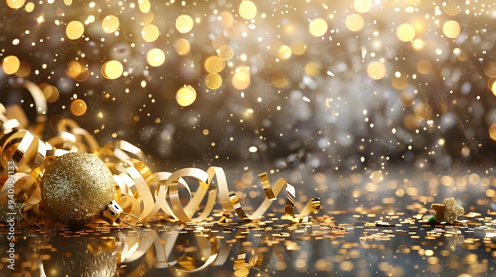 Happy New Year banner with 2025 gold glitter numbers, confetti, ribbons ...